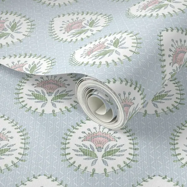 Spoonflower Flower Paisley Lotus Floral Teardrop Block Print Custom Pre-pasted Wallpaper - Blue