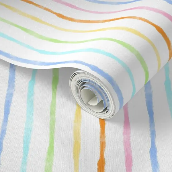 Spoonflower Stripes Pastel Modern Abstract Colorful Custom Pre-pasted Wallpaper - Rainbow