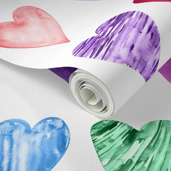 Spoonflower Rainbow Hearts Boho Whimsical Valentines Colorful Custom Removable Wallpaper - Rainbow,white
