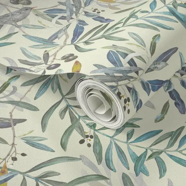 Spoonflower Olive Natural Watercolour Birds Leaves Neutral Custom Pre-pasted Wallpaper - Green,blue