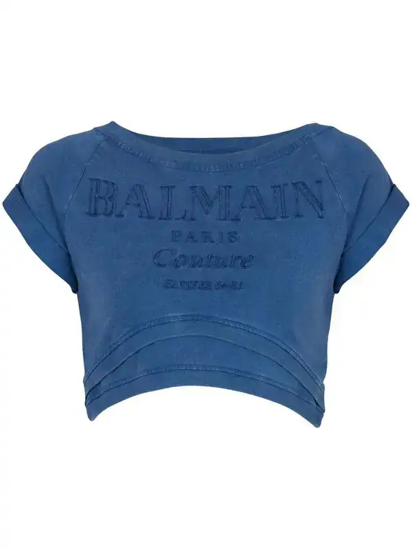 Balmain Cropped Embroidered T-Shirt Blue 50% Off Editorialist
