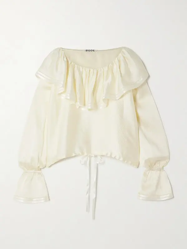 BODE Claret Off-the-shoulder Pointelle-trimmed Hammered-silk Blouse - Ivory
