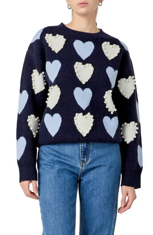 English Factory Heart Faux Pearl Embellished Sweater - Navy Multi