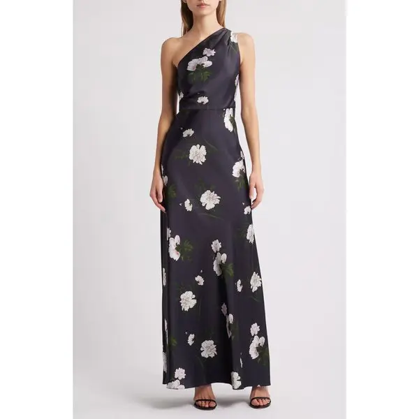 Sachin & Babi Delphine Floral One-shoulder Gown - Dark Midnight Carnations