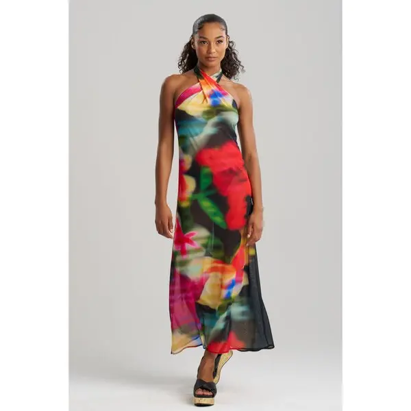 Natori Floral Mirage Printed Mesh Halter Dress