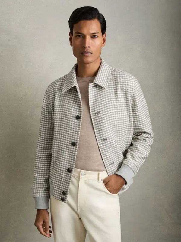 REISS Benny Dogtooth-check Blouson Jacket - Soft Grey/white