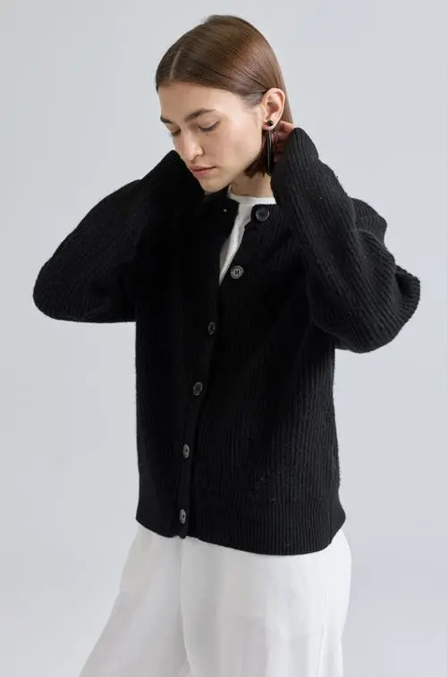 Almina Concept Button Up Wool Cropped Cardigan - Black