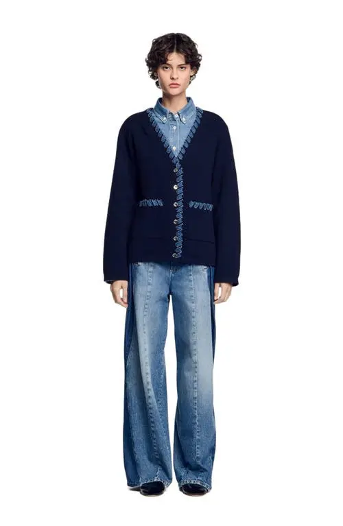 Sandro Stretch Knit Cardigan With Denim Details - Navy Blue