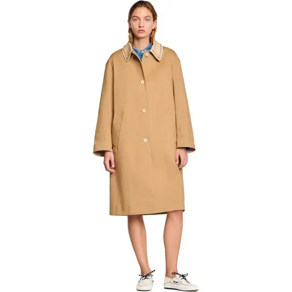 Sandro Trench Coat With Rhinestone Collar - Camel