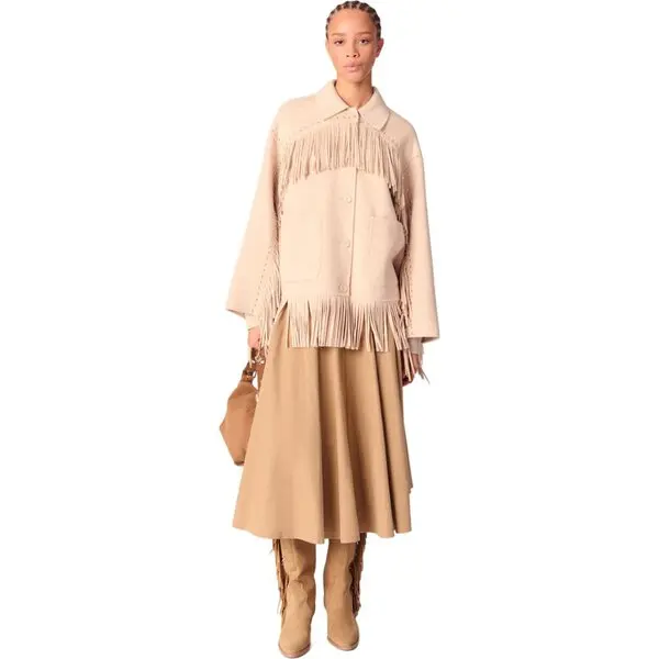 Maje Double-breasted Fringed Coat - Beige