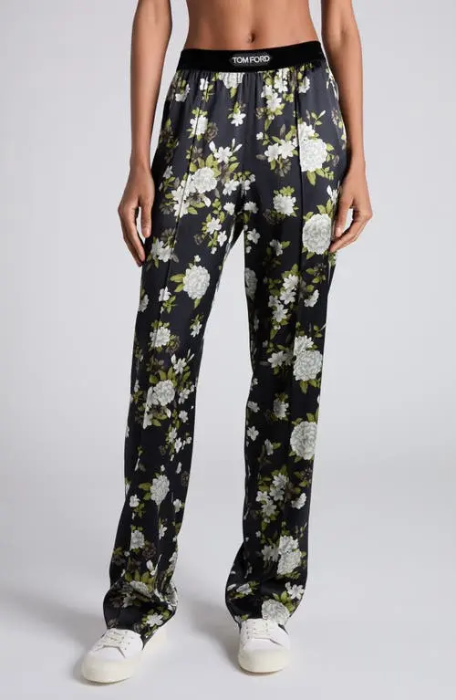 TOM FORD Hendrix Floral Stretch Silk Satin Pajama Pants - Off White Black