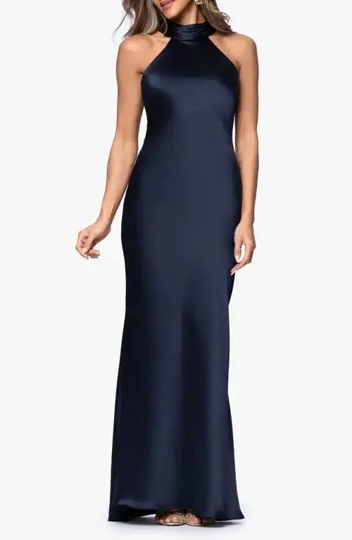 Xscape Evenings Halter Neck Satin Sheath Gown - Navy | Editorialist