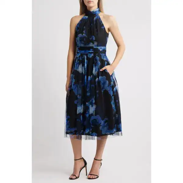 Eliza J Floral Illusion Lace Midi Dress In Navy - 55% Off | Editorialist