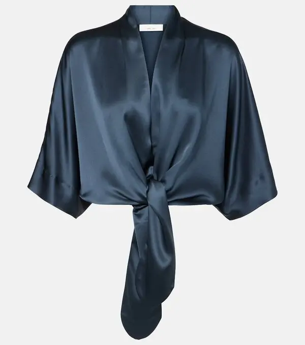 THE SEI Gathered Silk Satin Blouse - Blue