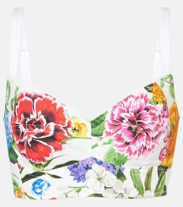 Dolce & Gabbana Floral Cotton-blend Poplin Bra Top - White