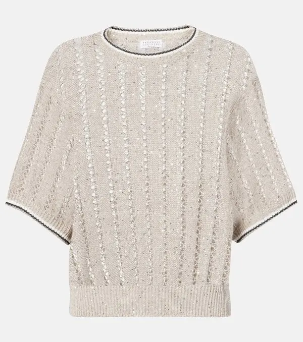 Brunello Cucinelli Sequined Linen-blend Top - Beige