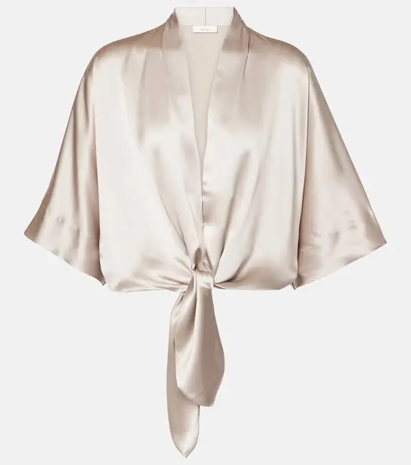 THE SEI Gathered Silk Satin Blouse - Beige