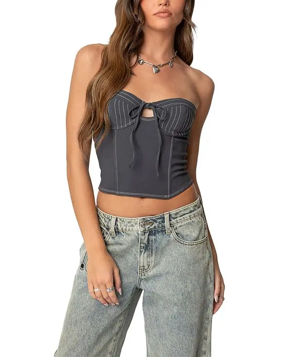 EDIKTED June Tie Front Strapless Corset - Dark Gray