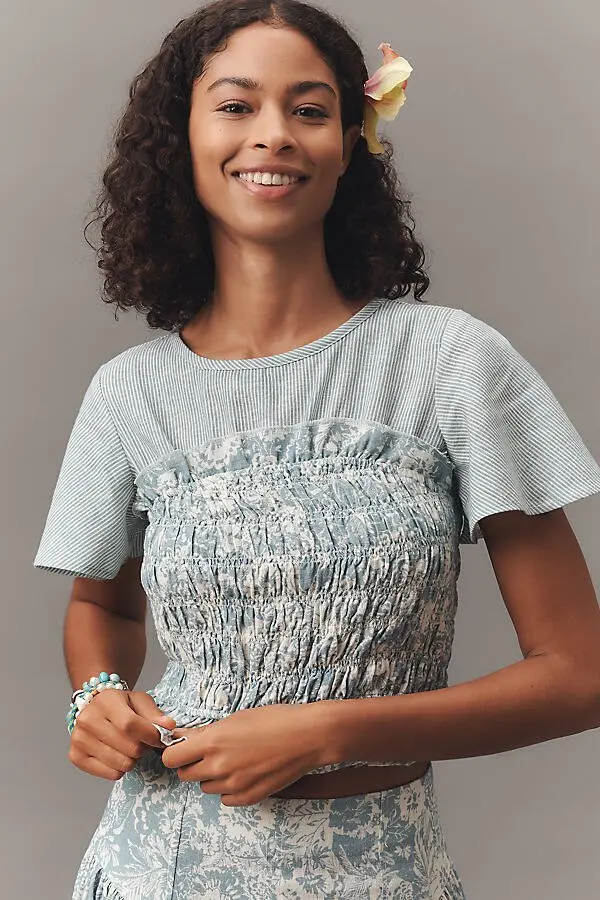 Anthropologie Short-sleeve Smocked Twofer Top - Glass Blue