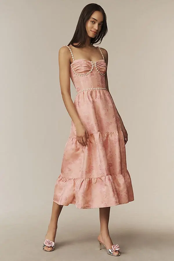 V. CHAPMAN Lorenza Embellished Tiered Midi Dress