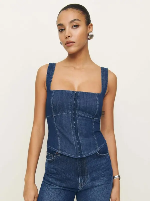 REFORMATION Tagliatelle Denim Top