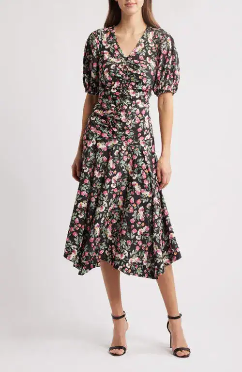 Sam Edelman Floral Gathered Puff Sleeve Dress Pink Multi