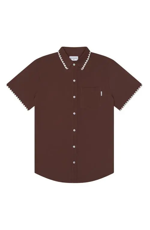 MAVRANS Blanket Stitch Short Sleeve Performance Button-up Shirt - Brown/white