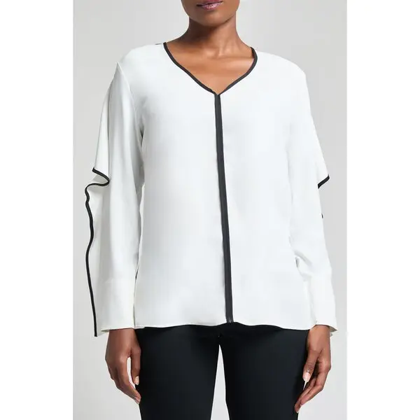 Ming Wang Crêpe De Chine Top With Contrast Trim