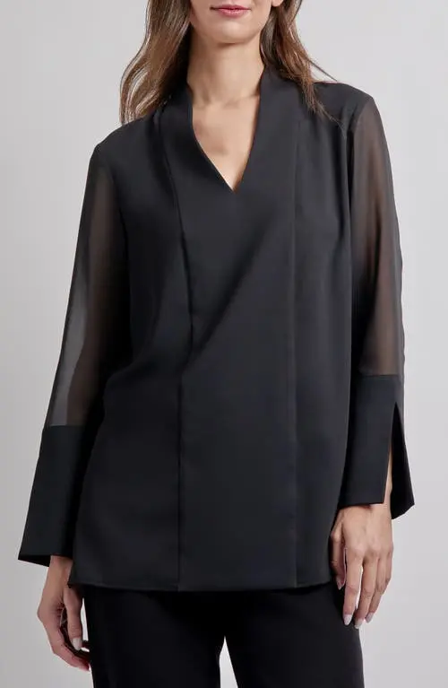 Misook Sheer Sleeve Crêpe De Chine Top