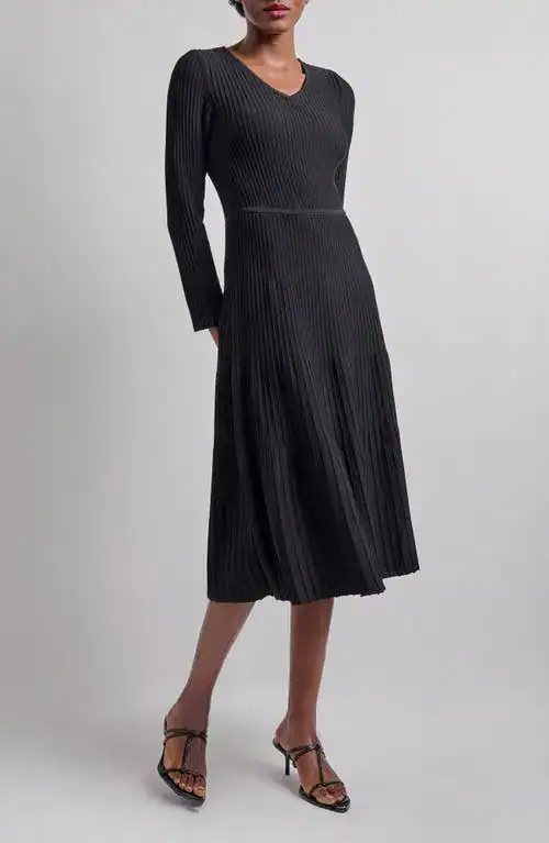 Misook Long Sleeve Rib Fit & Flare Midi Dress - Black | Editorialist