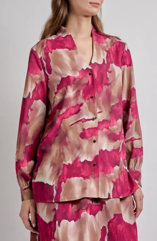 Misook Watercolor Print Button-up - Pink Flash/multi