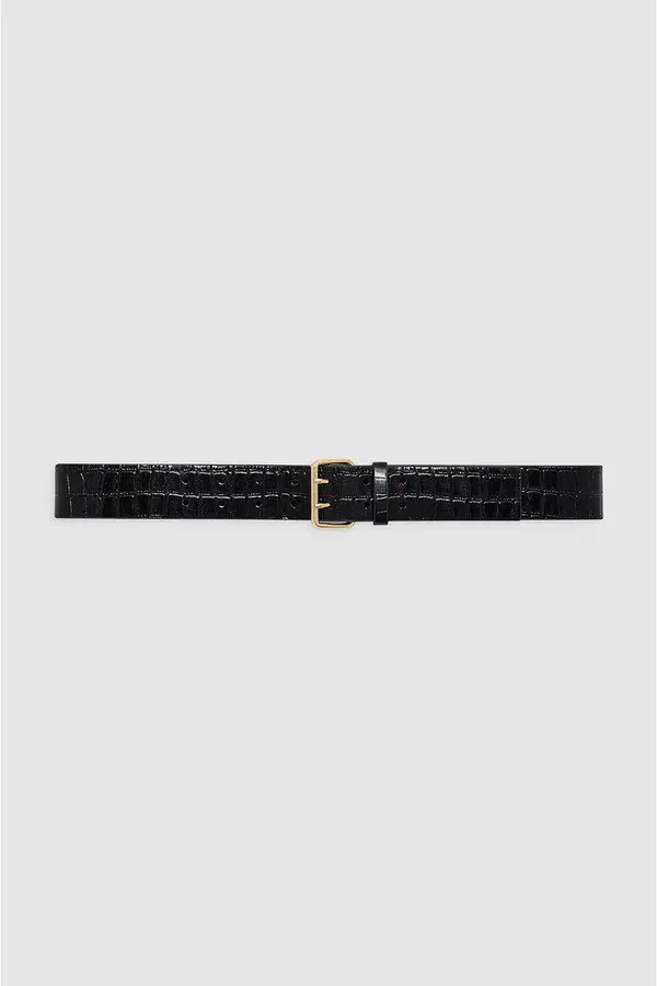 ANINE BING Mila Embossed Leather Belt - Black