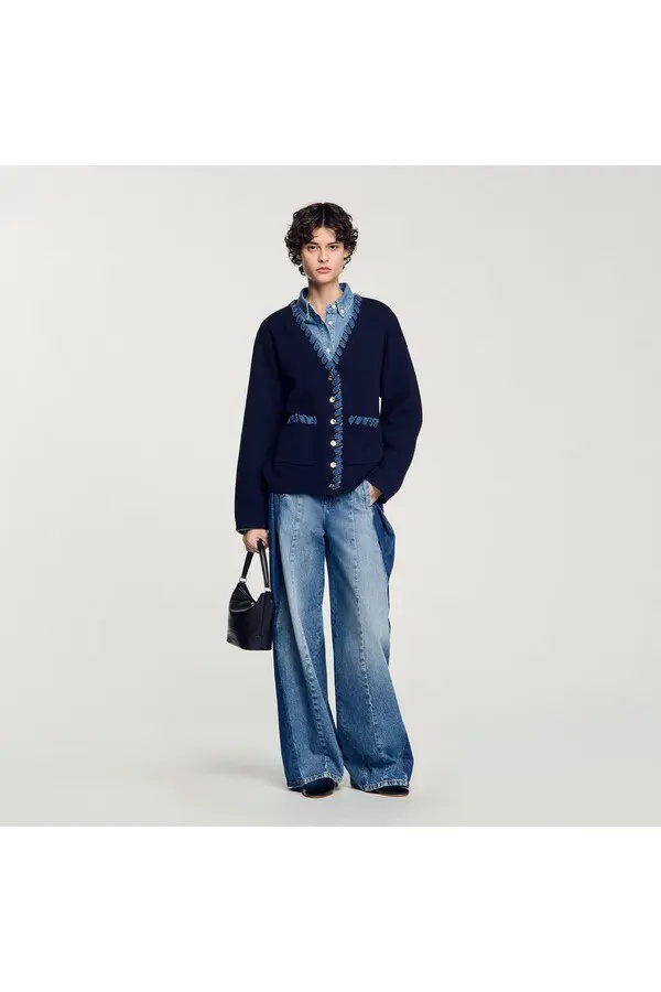 Sandro Cardigan With Denim Trim - Blue / Navy