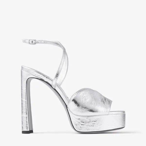 JIMMY CHOO Karli 125 Metallic Leather Platform Sandals - Silver