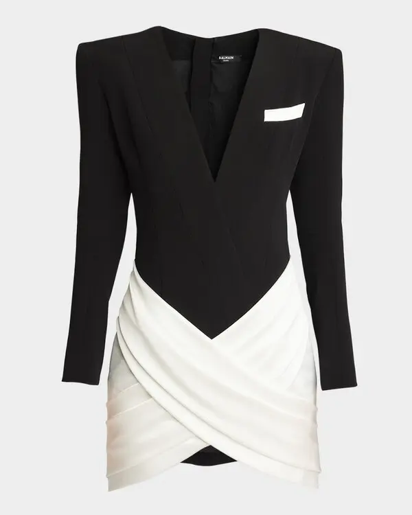 Balmain Plunging Twisted Mini Dress - Blk/white