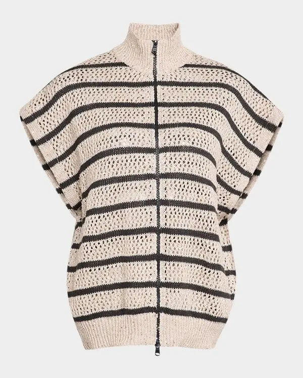 Brunello Cucinelli Striped Paillette Open Knit Cardigan - Chi53 Beige
