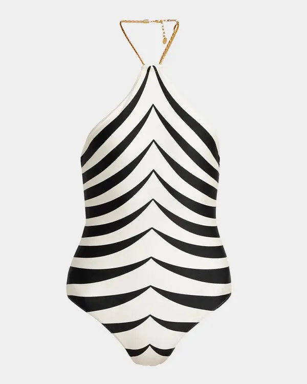 TOM FORD Optical Scaloppe-print Halterneck One-piece Swimsuit With Chain - Black/whit