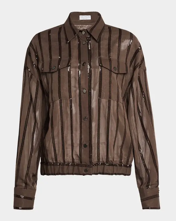 Brunello Cucinelli Paillette Striped Cotton Gauze Shirt Jacket
