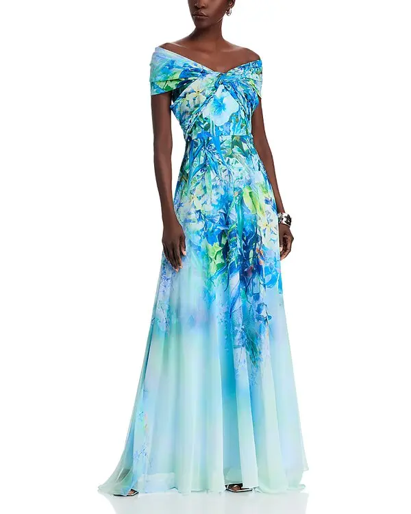 Rickie Freeman For Teri Jon Chiffon Leaf Print Gown