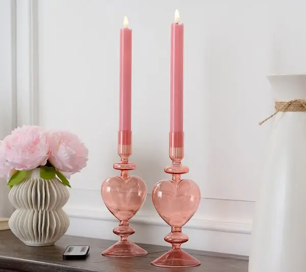 HOME REFLECTIONS S/2 Flameless Glass Heart Tapers