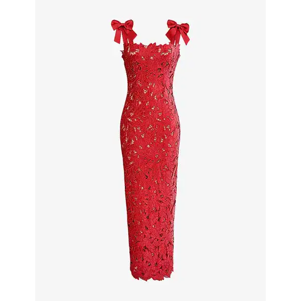 House OF CB Tiff Velvet Lace Maxi Dress - Holly Red