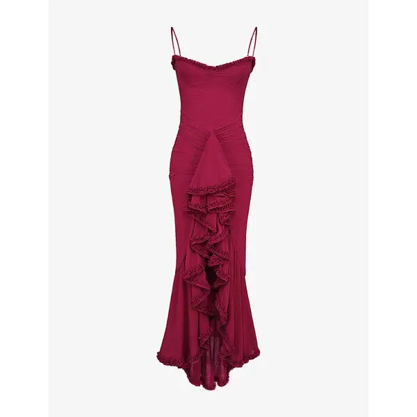 House Of Cb Gabbi Ruffle-front Mesh Maxi Dress - Beet Red