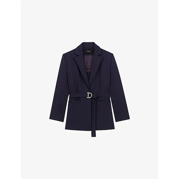 Maje Woven Belted Blazer With Pleated Back - Bleus