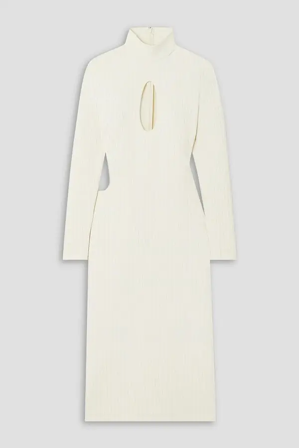 Halpern Cutout Ribbed Stretch-knit Midi Turtleneck Dress