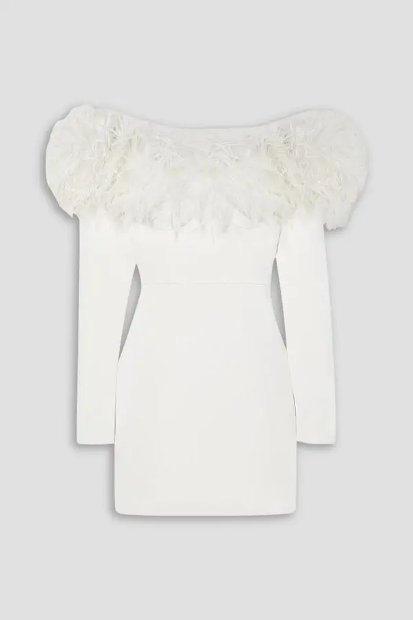 Alessandra Rich Off-the-shoulder Feather-trimmed Mini Dress