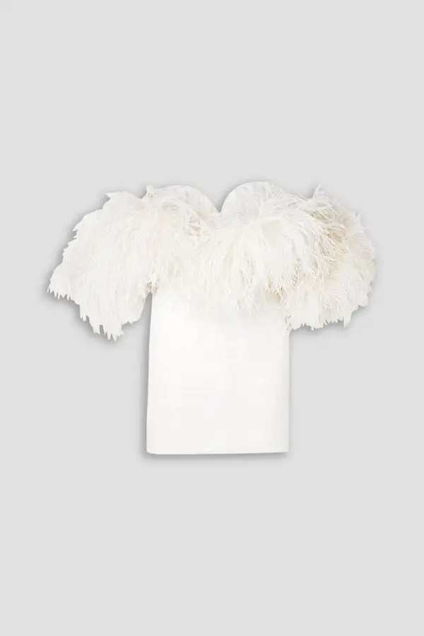 Magda Butrym Off-the-shoulder Feather-trimmed Mini Dress - White