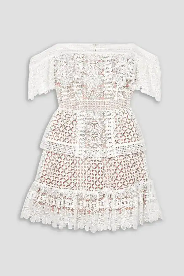 Self-Portrait Off-The-Shoulder Guipure Lace Mini Dress In White - 65% Off |  Editorialist