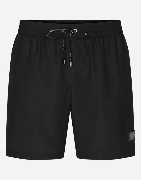Dolce & Gabbana Mid-length Swim Trunks With Branded Plate - Black