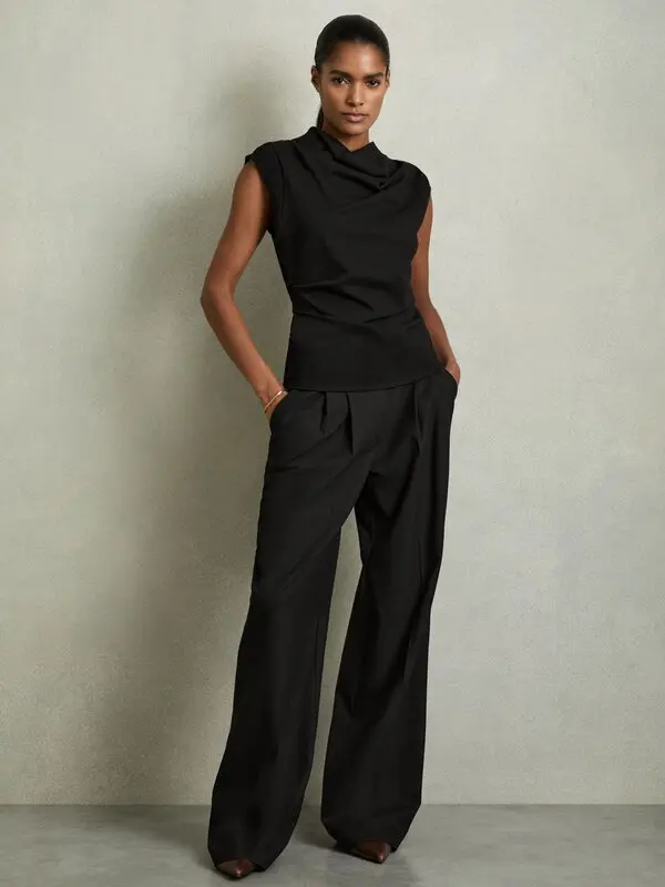 REISS Cobi Draped Sleeveless Top - Black
