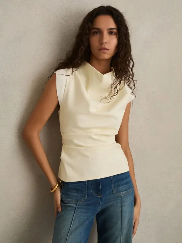 REISS Cobi Draped Sleeveless Top - Pale Yellow